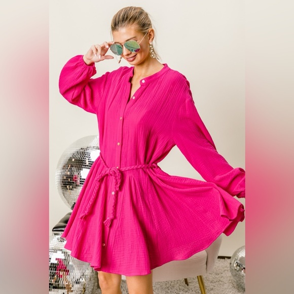BiBi | Dresses | Bibi Button Up Texture Mini Dress With Braid Waist ...